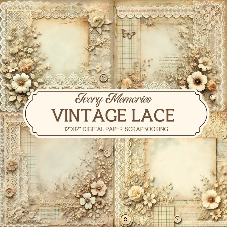 12x12" Vintage Lace Digital Paper Printable, Ivory Memories, Lace ...