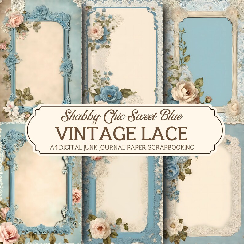 A4 Vintage Lace Frame Digital Paper Printable, Shabby Chic Sweet Blue ...