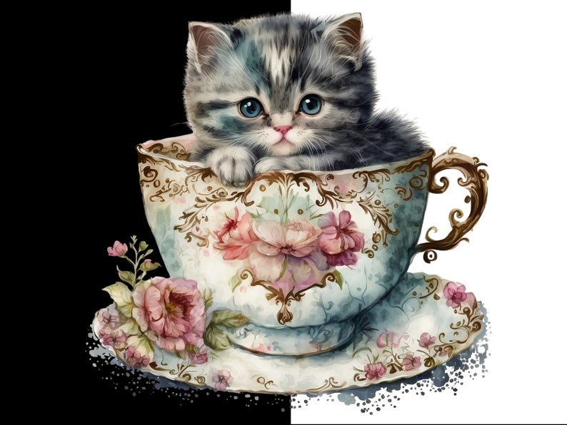 8 PNG Watercolor Vintage Cute Kitten in the Teacup Set - Cat Instant ...