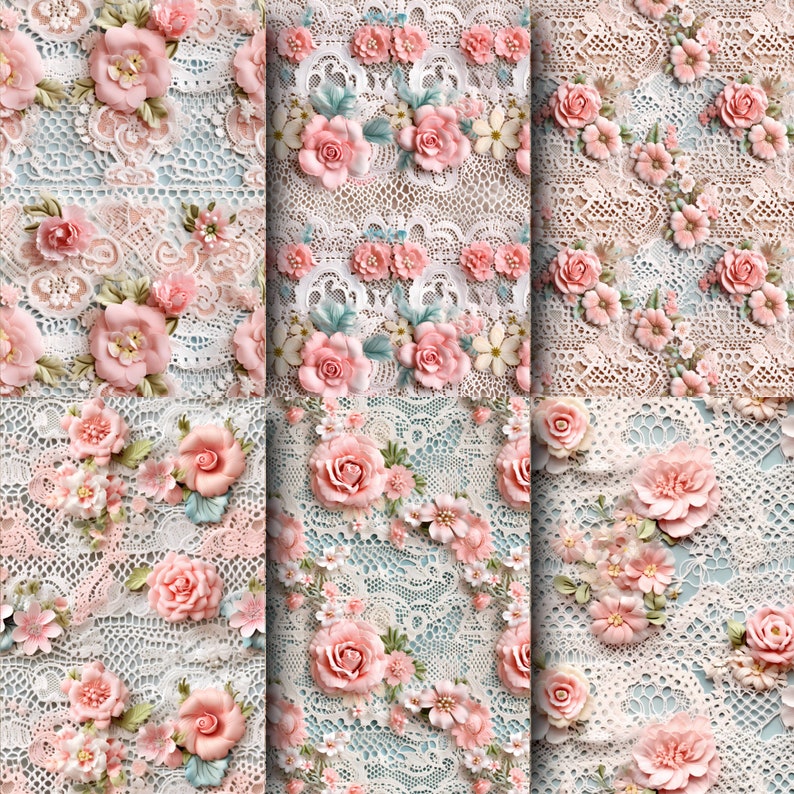 A4 Vintage Lace Digital Paper Printable, Rose Whimsy Floral, Lace ...