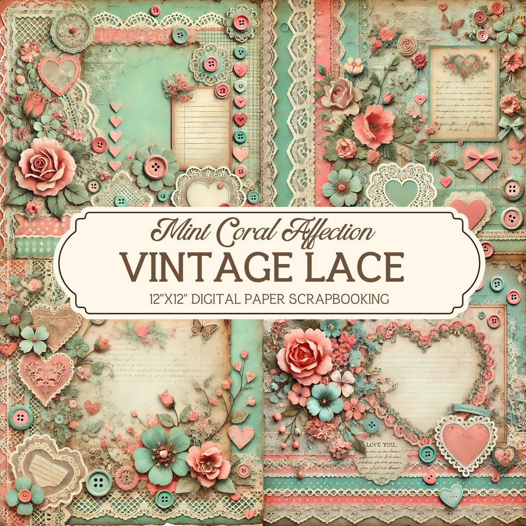 12x12" Vintage Valentines Scrapbook Paper, Mint Coral Affection ...