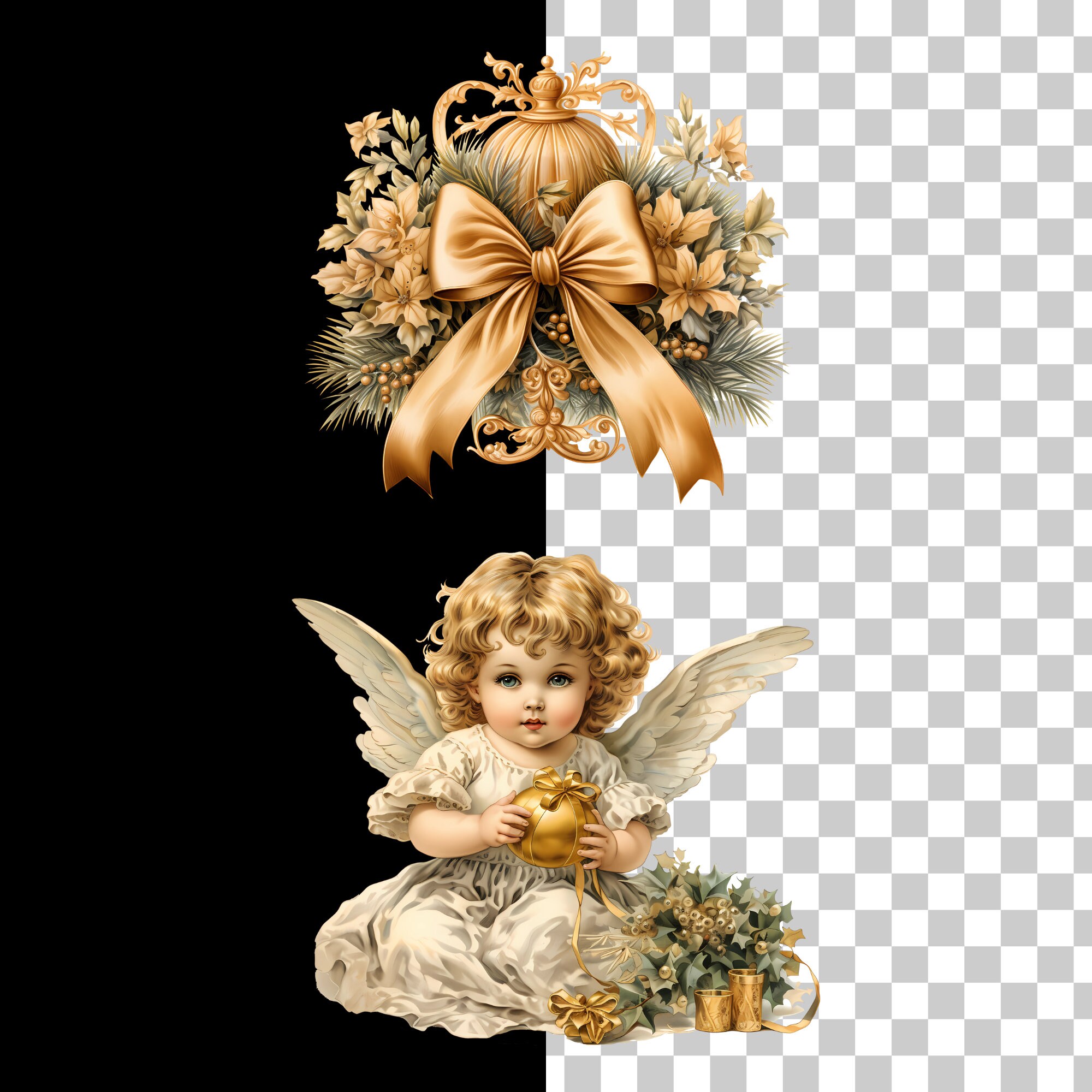 20 Gold Christmas Clipart Bundle PNG, Santa, Angels, Vintage Retro ...