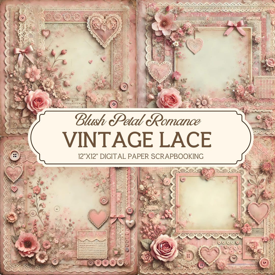 12x12" Vintage Scrapbook Paper, Blush Petal Romance, Digital Lace ...