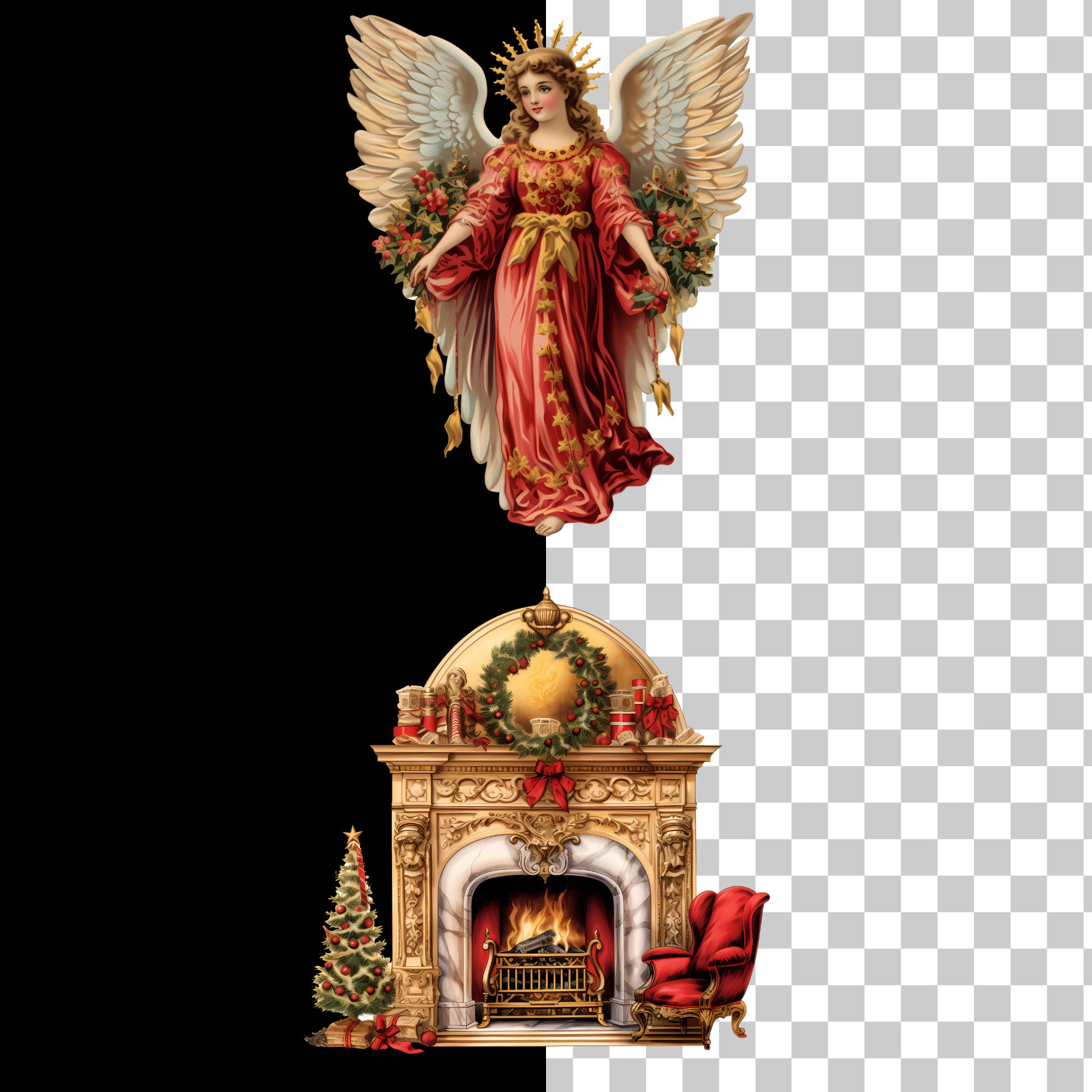 Red Vintage Christmas Clipart PNG Bundle: Santa, Angels (digital ...