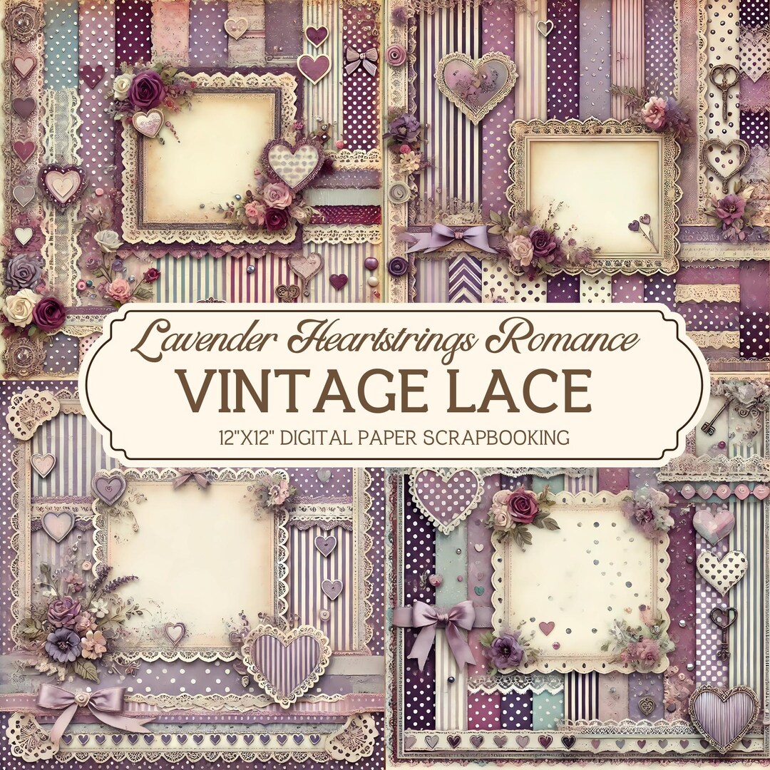 12x12" Vintage Valentines Scrapbook Paper, Lavender Heartstrings ...