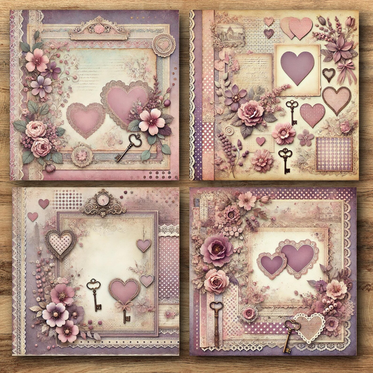 12x12" Vintage Scrapbook Paper, Purple Plum Heart Elegance, Digital ...