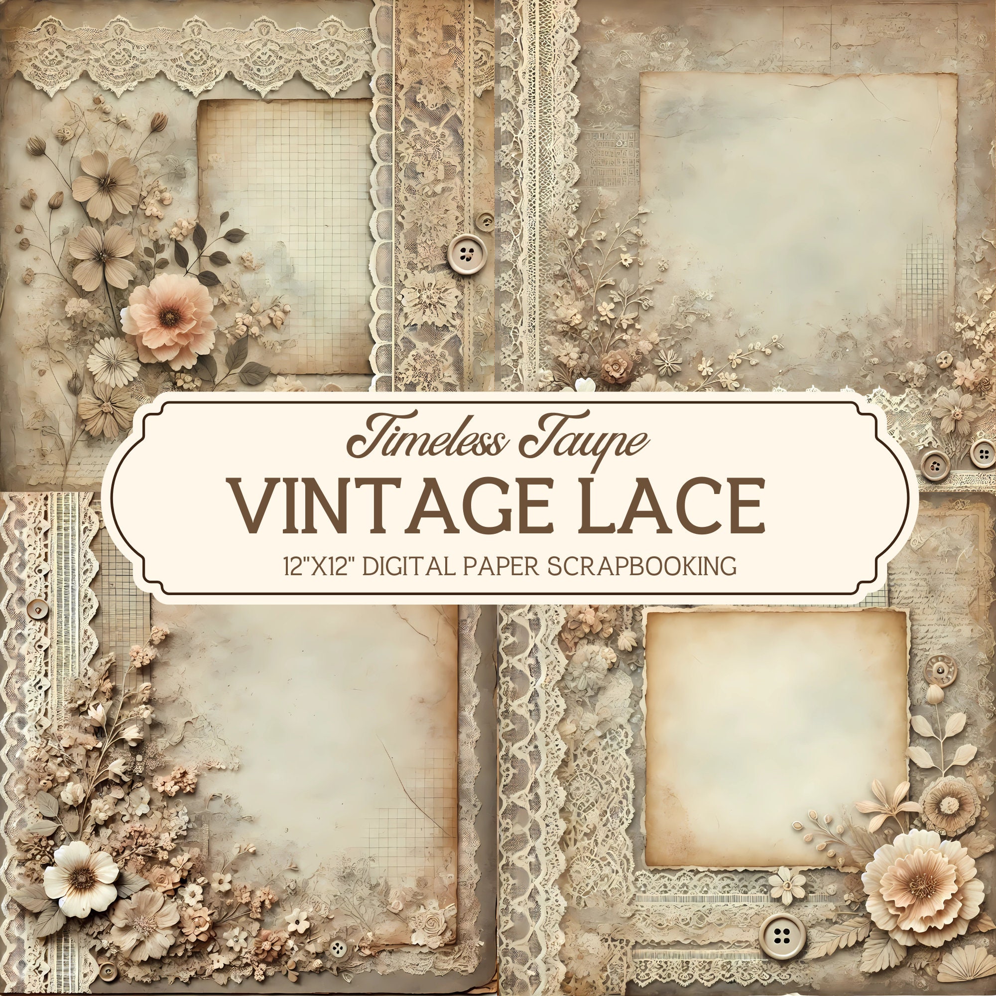 12x12" Vintage Lace Digital Paper Printable, Timeless Taupe, Lace ...