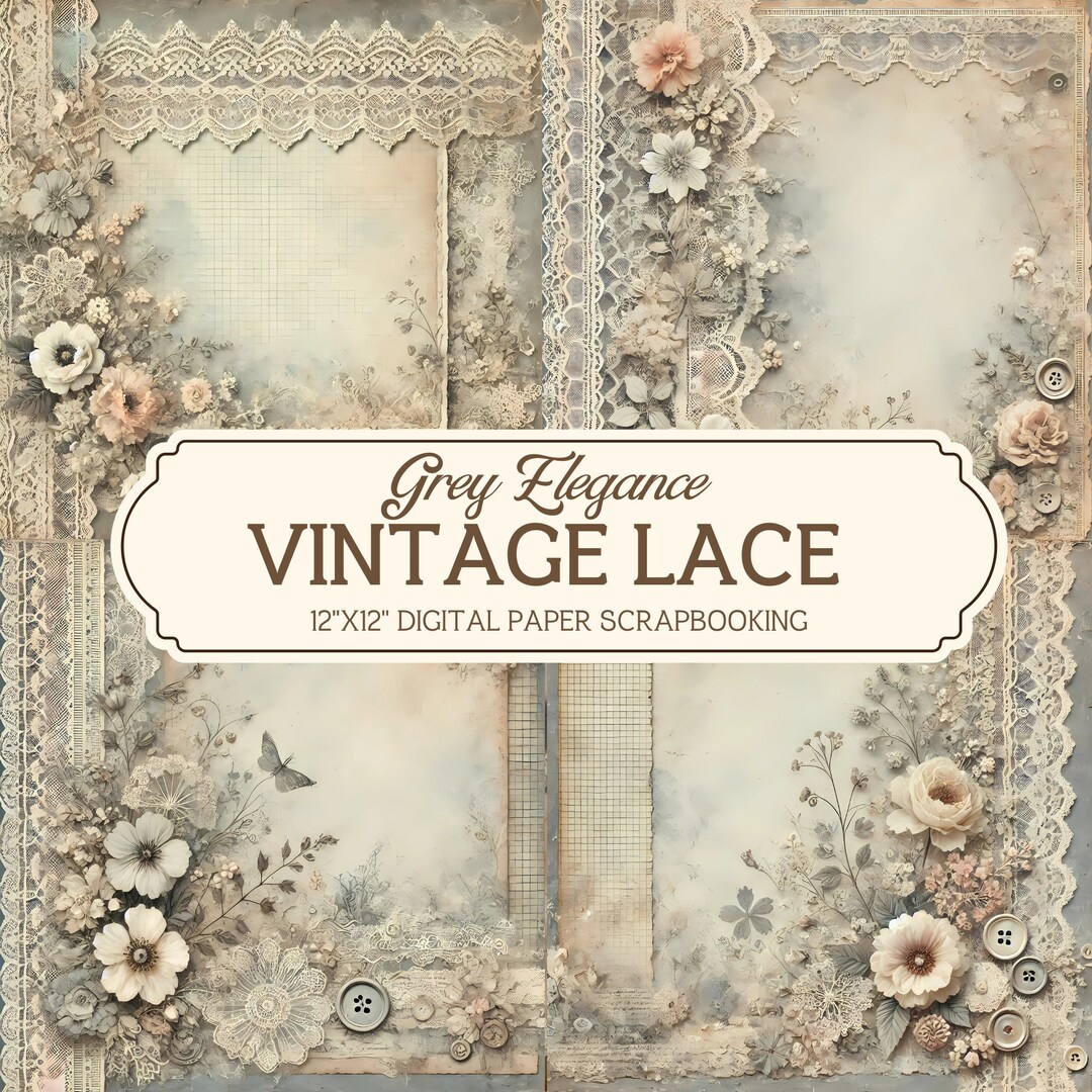 12x12" Vintage Lace Digital Paper Printable, Grey Elegance, Lace ...
