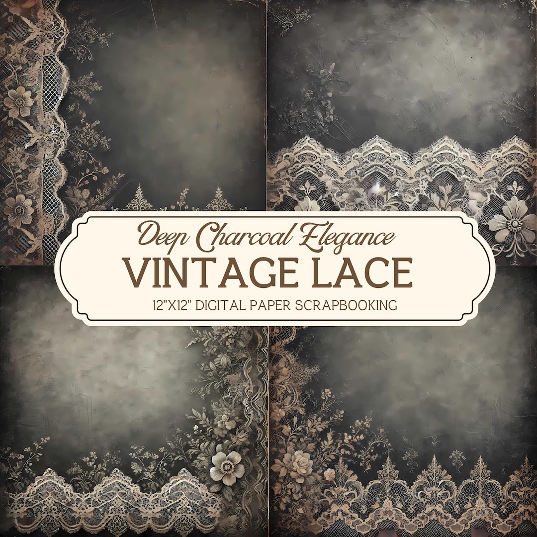 12x12" Vintage Lace Digital Scrapbook Paper, Deep Charcoal Elegance ...