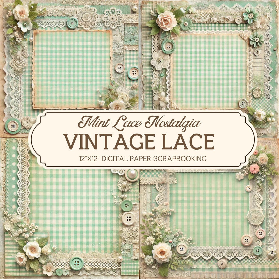 12x12" Vintage Lace Digital Scrapbook Paper, Mint Lace Nostalgia, Green ...
