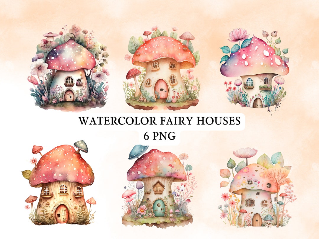 Watercolor Fairy Mushroom House Clipart: 6 PNG Set (digital Download ...