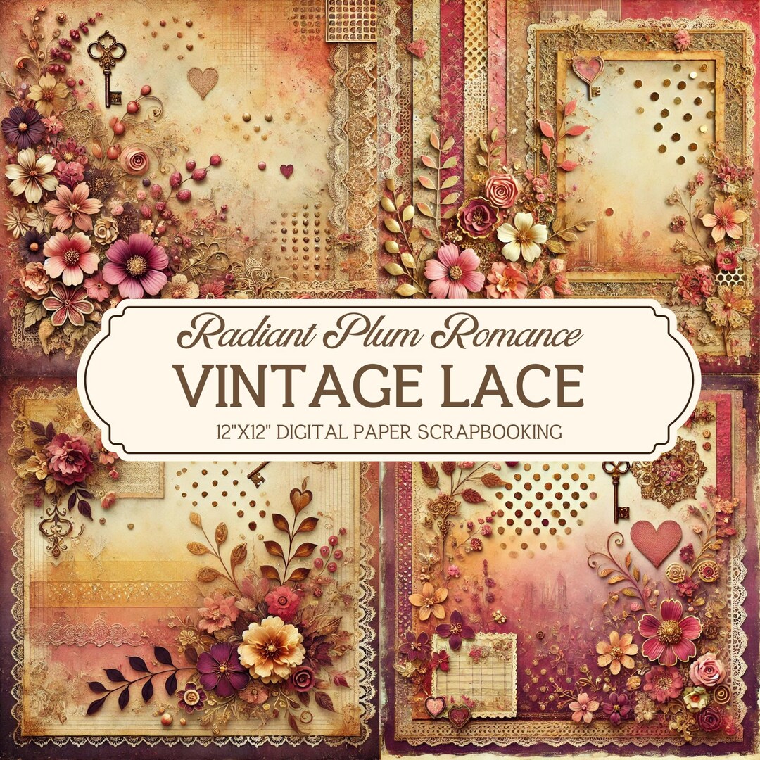 12x12" Vintage Scrapbook Paper, Radiant Plum Romance, Digital Lace ...