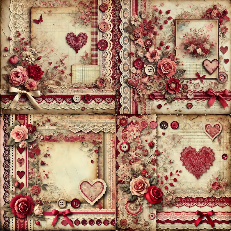 12x12 Vintage Valentines Scrapbook Paper, Crimson Scarlet, Digital Lace ...