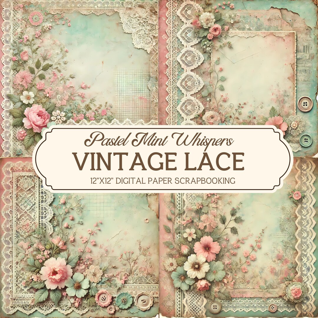 12x12 Vintage Lace Digital Paper Printable, Pastel Mint Whispers, Lace ...