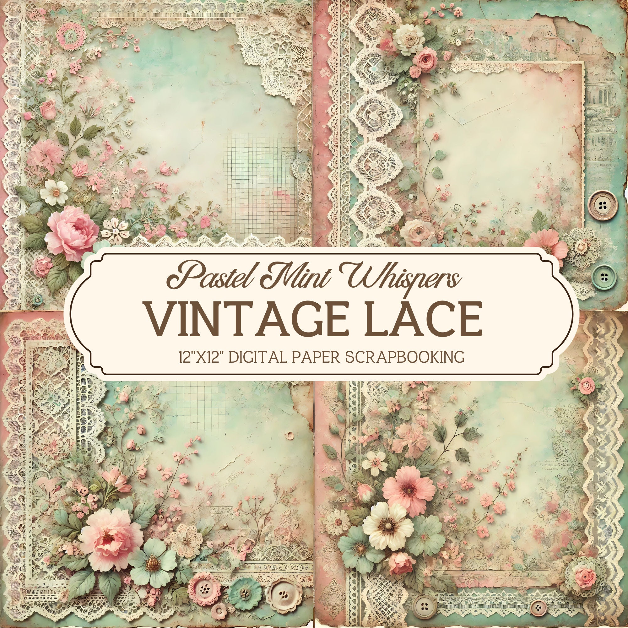 12x12 Vintage Lace Digital Paper Printable, Pastel Mint Whispers, Lace ...