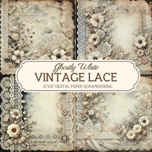 12x12" Vintage Lace Digital Paper Printable, Ghostly White, Lace ...