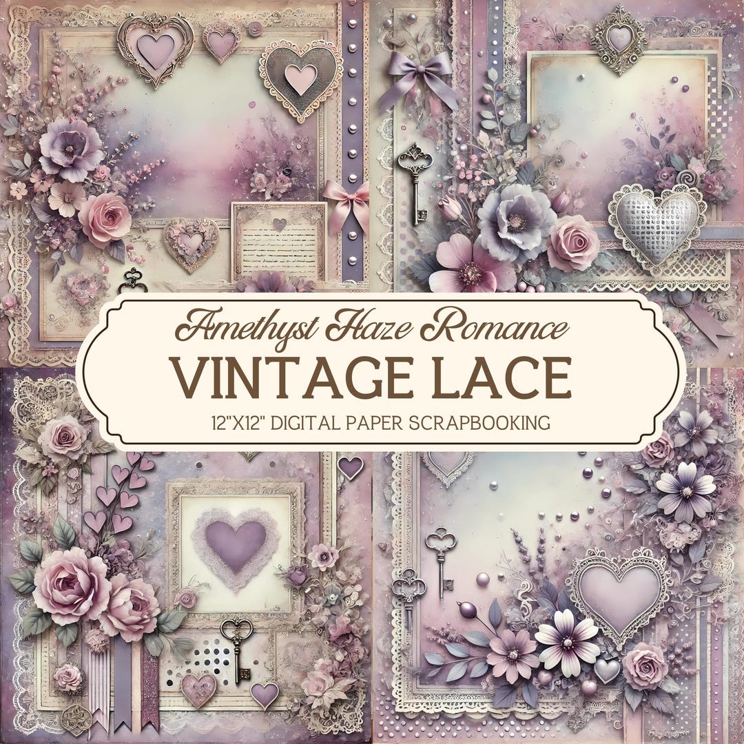 12x12" Vintage Scrapbook Paper, Purple Amethyst Haze Romance, Digital ...
