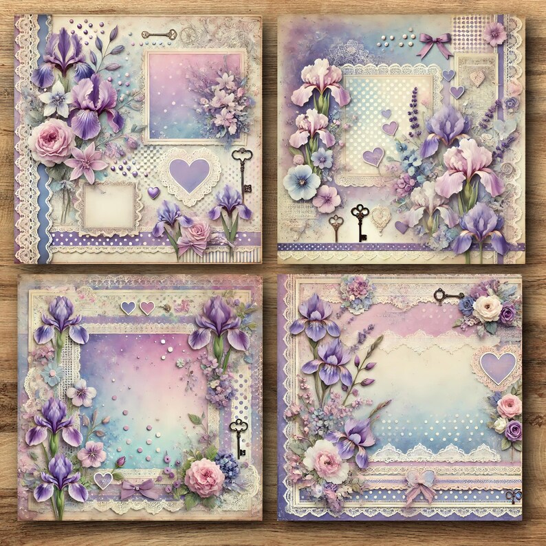 12x12" Vintage Scrapbook Paper, Purple Iris Glow Keepsake, Digital Lace ...
