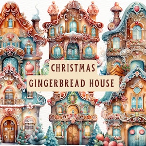 10 PNG Watercolor Christmas Gingerbread House Clipart Bundle - Xmas ...