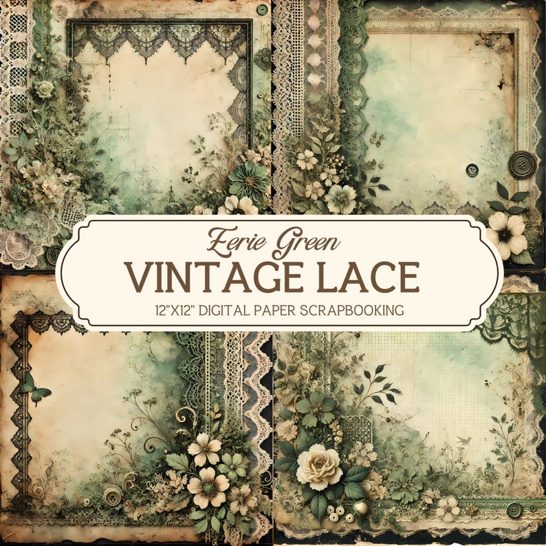 12x12" Vintage Lace Digital Paper Printable, Eerie Green, Lace ...