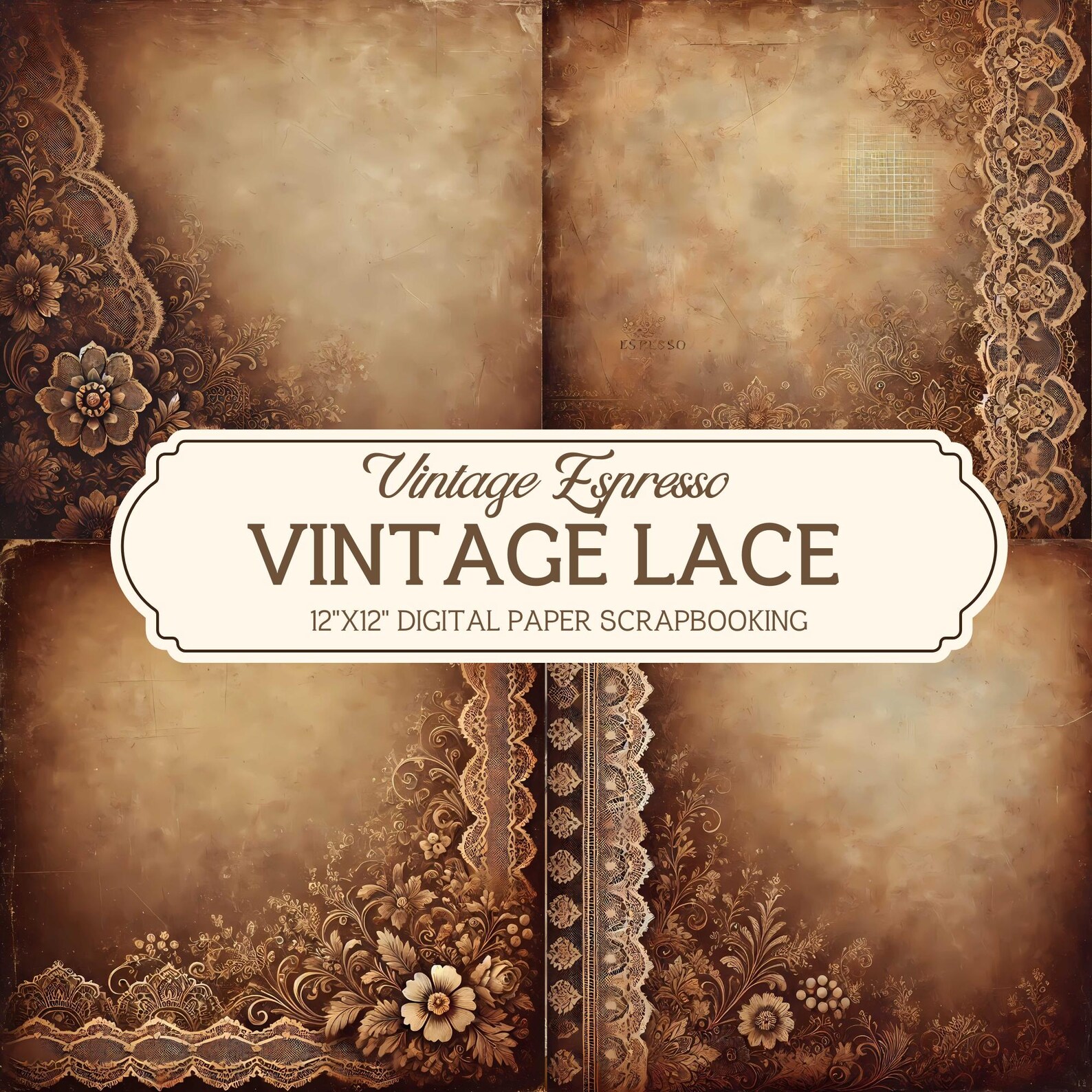 12x12" Vintage Lace Digital Scrapbook Paper, Vintage Espresso ...