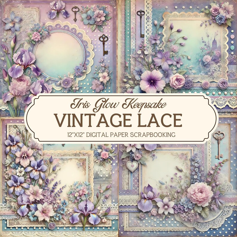 12x12" Vintage Scrapbook Paper, Purple Iris Glow Keepsake, Digital Lace ...