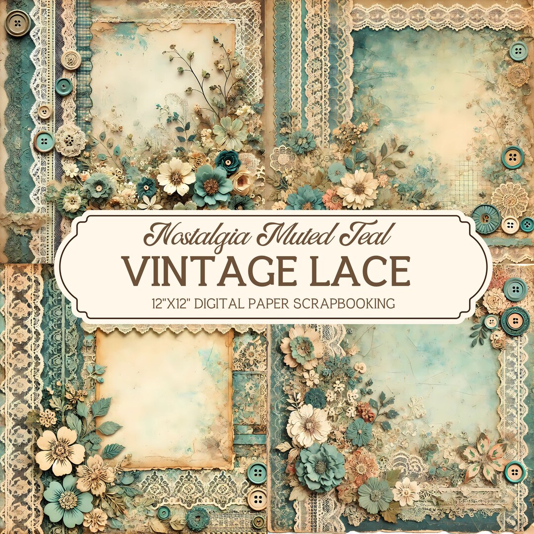 12x12 Vintage Lace Digital Paper Printable, Nostalgia Muted Teal, Lace ...