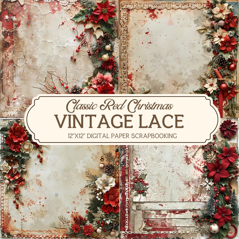 12x12 Vintage Lace Digital Paper Printable, Classic Red Christmas, Lace ...