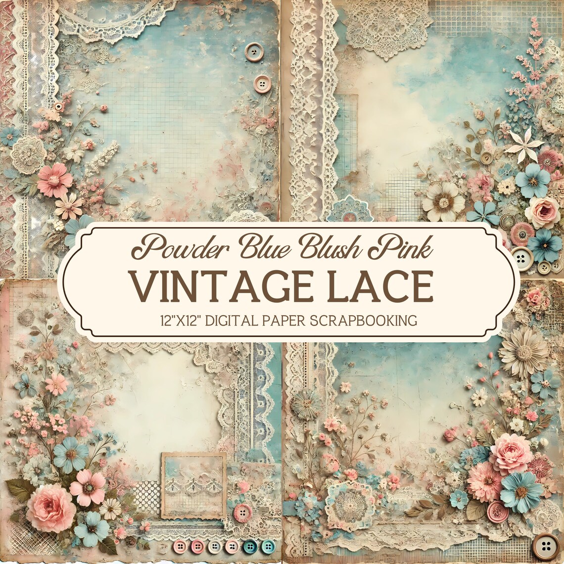 12x12 Vintage Lace Digital Paper Printable, Powder Blue Blush Pink ...