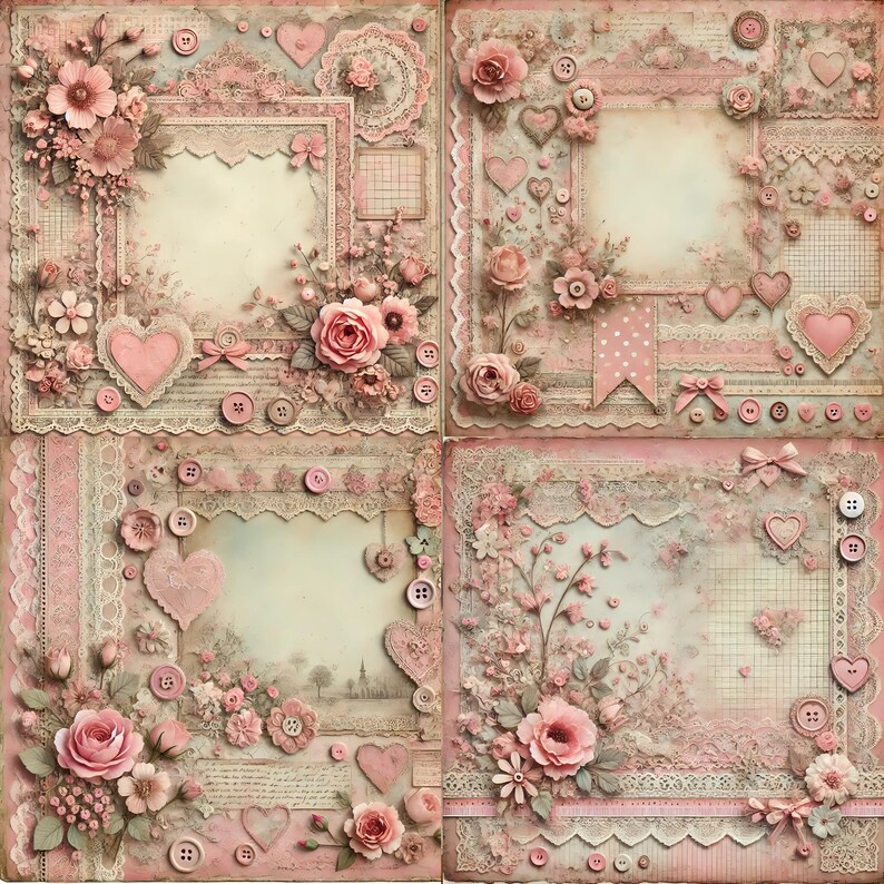 12x12" Vintage Scrapbook Paper, Blush Petal Romance, Digital Lace ...