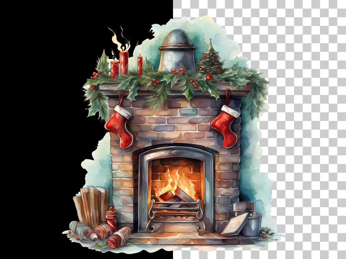 10 PNG Vintage Watercolor Christmas Fireplace Clipart Bundle Commercial ...
