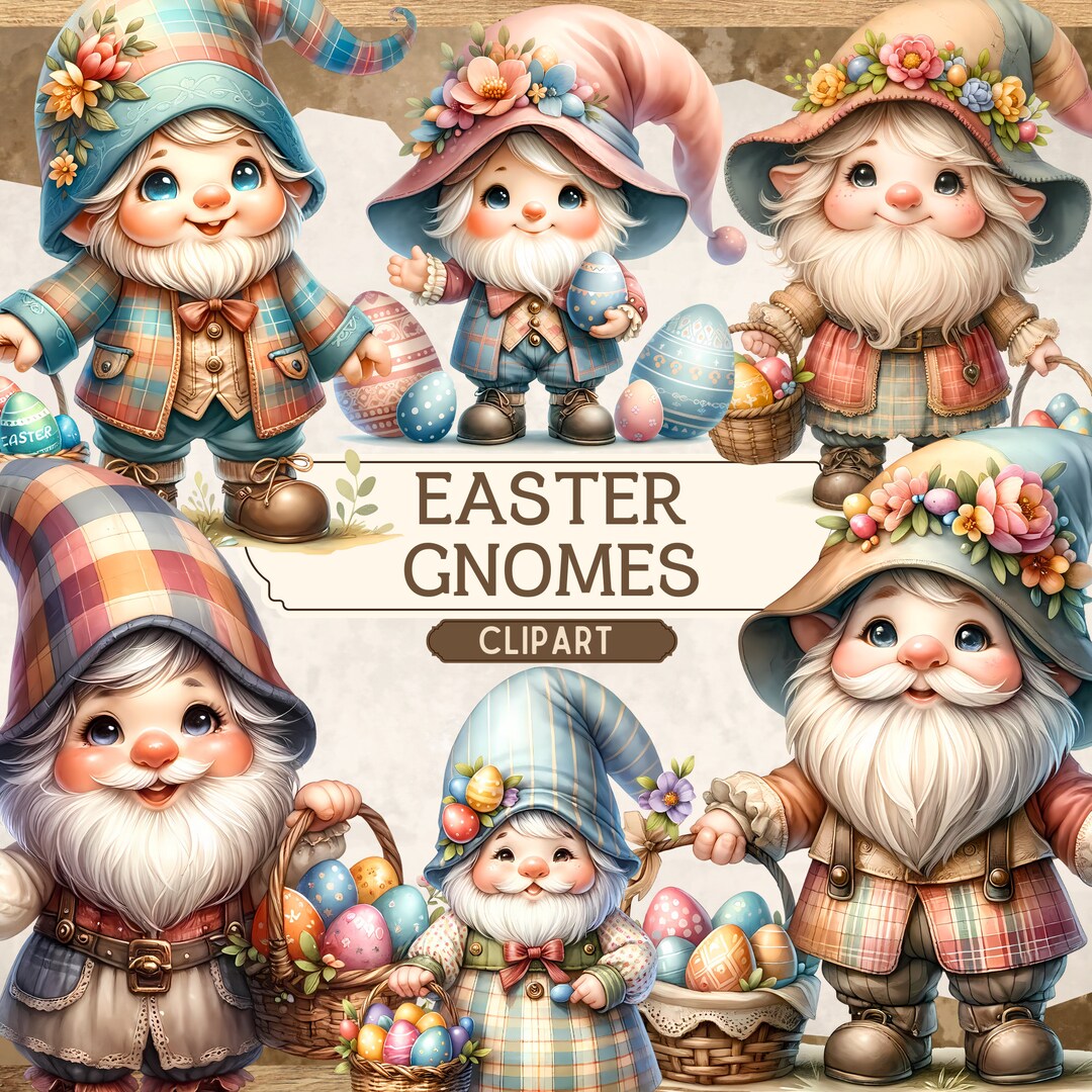 Cute Easter Gnome Clipart, PNG Bundle, Vintage, Easter Eggs, Spring ...
