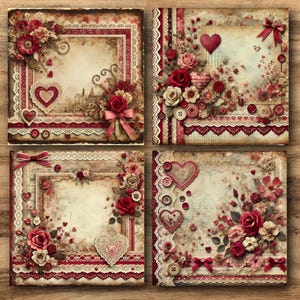 12x12" Vintage Valentines Scrapbook Paper, Crimson Scarlet, Digital ...