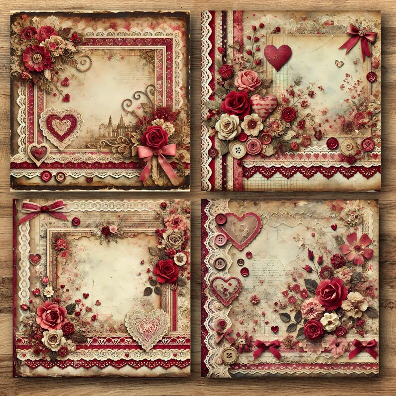 12x12 Vintage Valentines Scrapbook Paper, Crimson Scarlet, Digital Lace ...