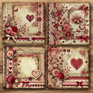 12x12" Vintage Valentines Scrapbook Paper, Crimson Scarlet, Digital ...
