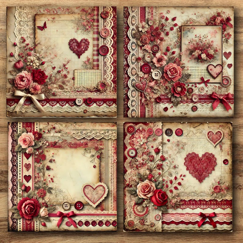 12x12 Vintage Valentines Scrapbook Paper, Crimson Scarlet, Digital Lace ...