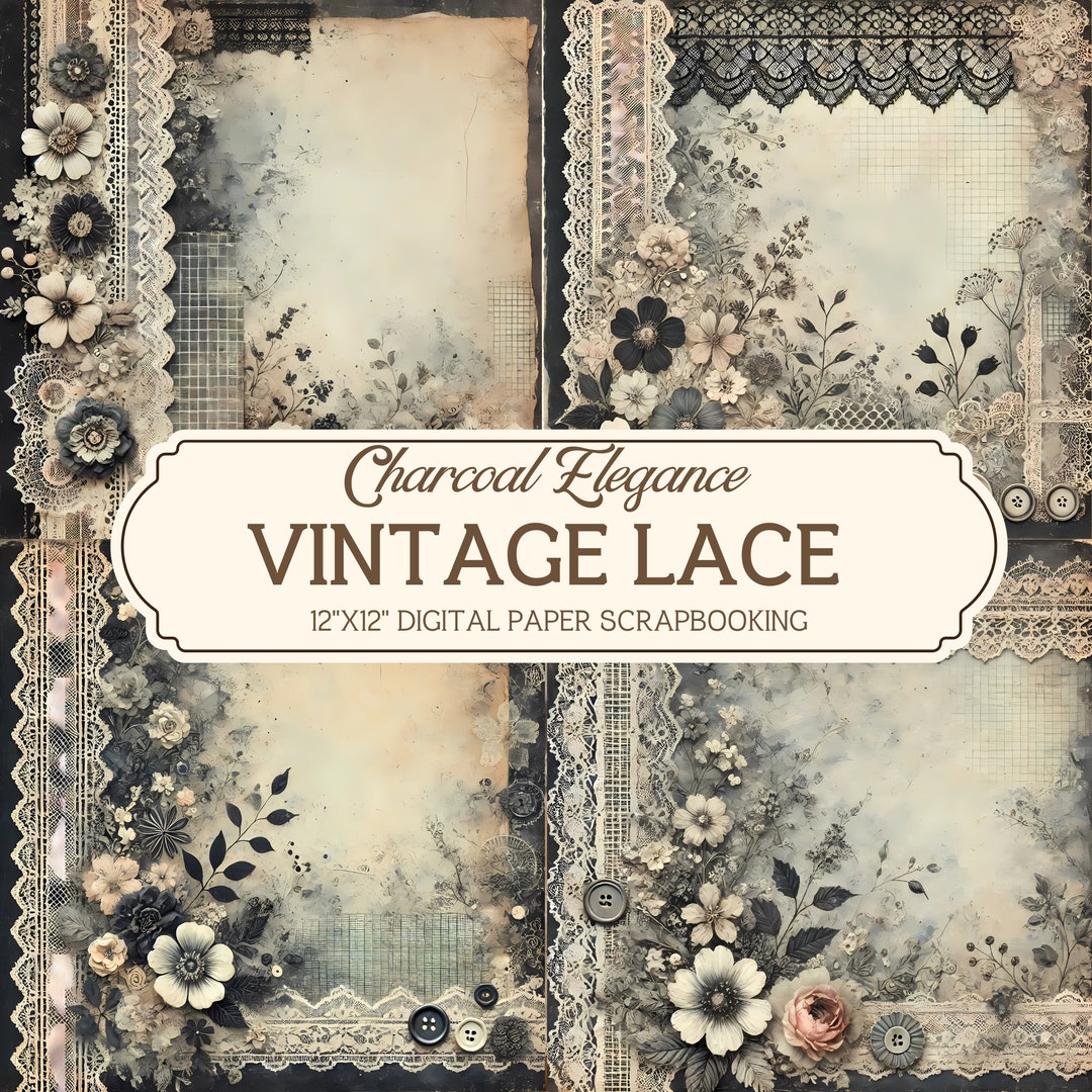 12x12" Vintage Lace Digital Paper Printable, Charcoal Elegance, Lace ...