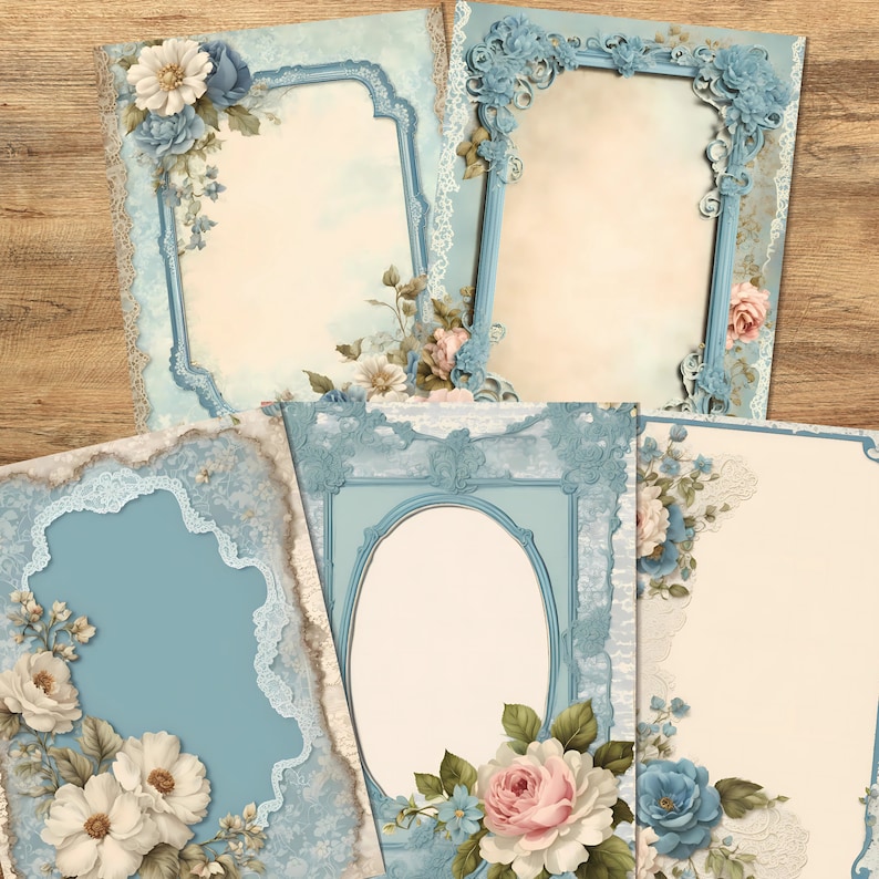 A4 Vintage Lace Frame Digital Paper Printable, Shabby Chic Sweet Blue ...