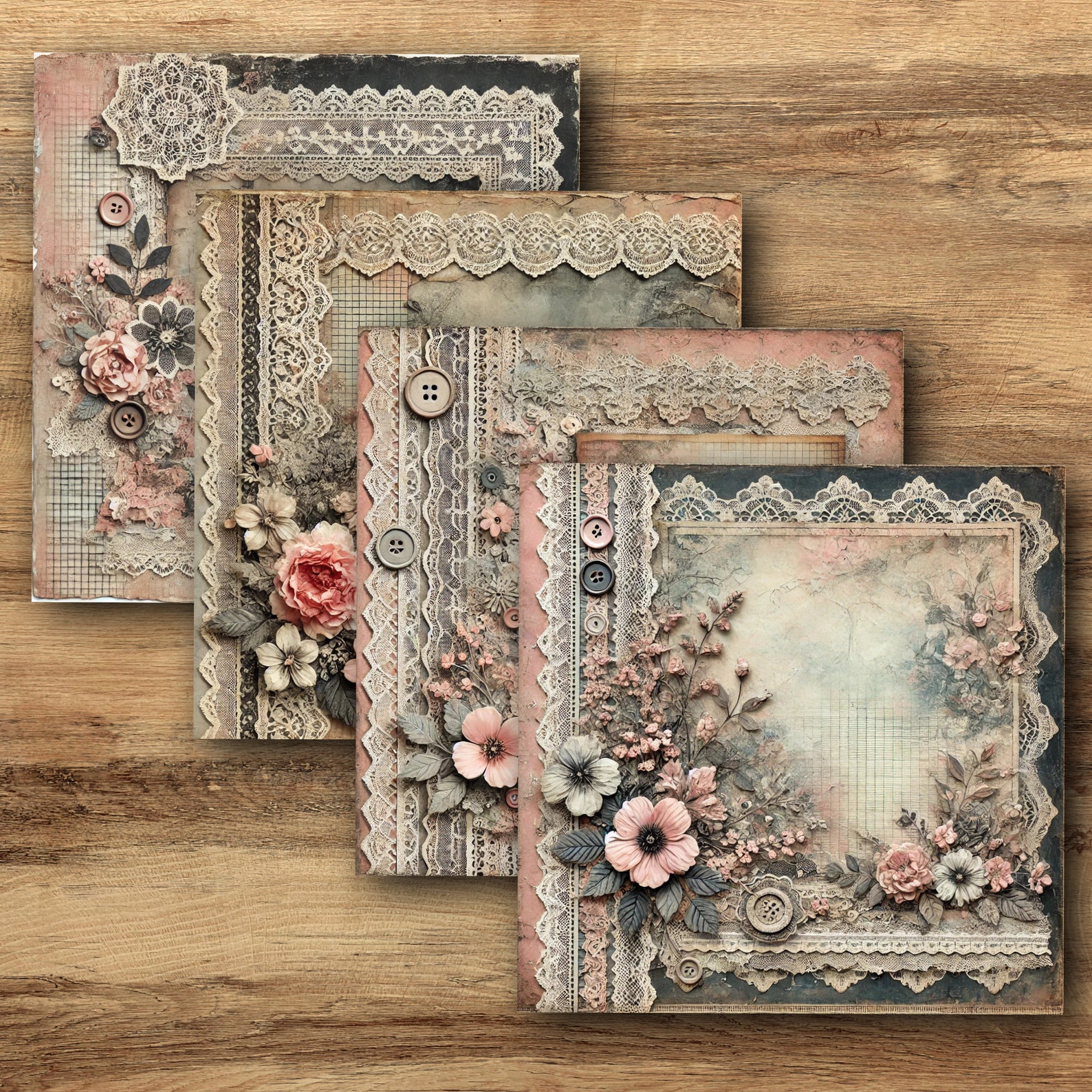 12x12 Vintage Lace Digital Paper Printable, Charming Blush Charcoal ...