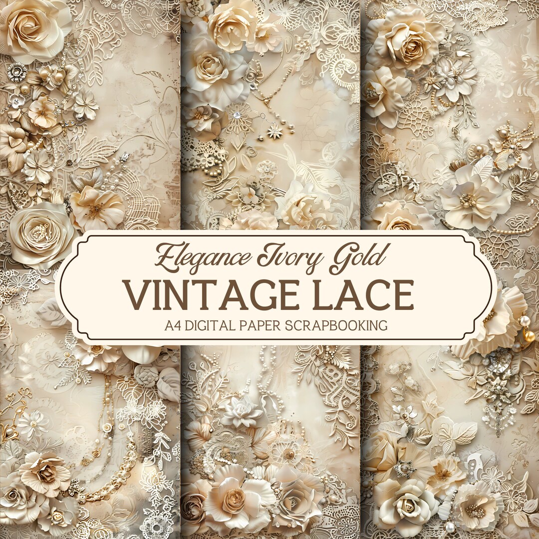A4 Vintage Lace Digital Paper Printable, Elegance Ivory Gold, Lace ...