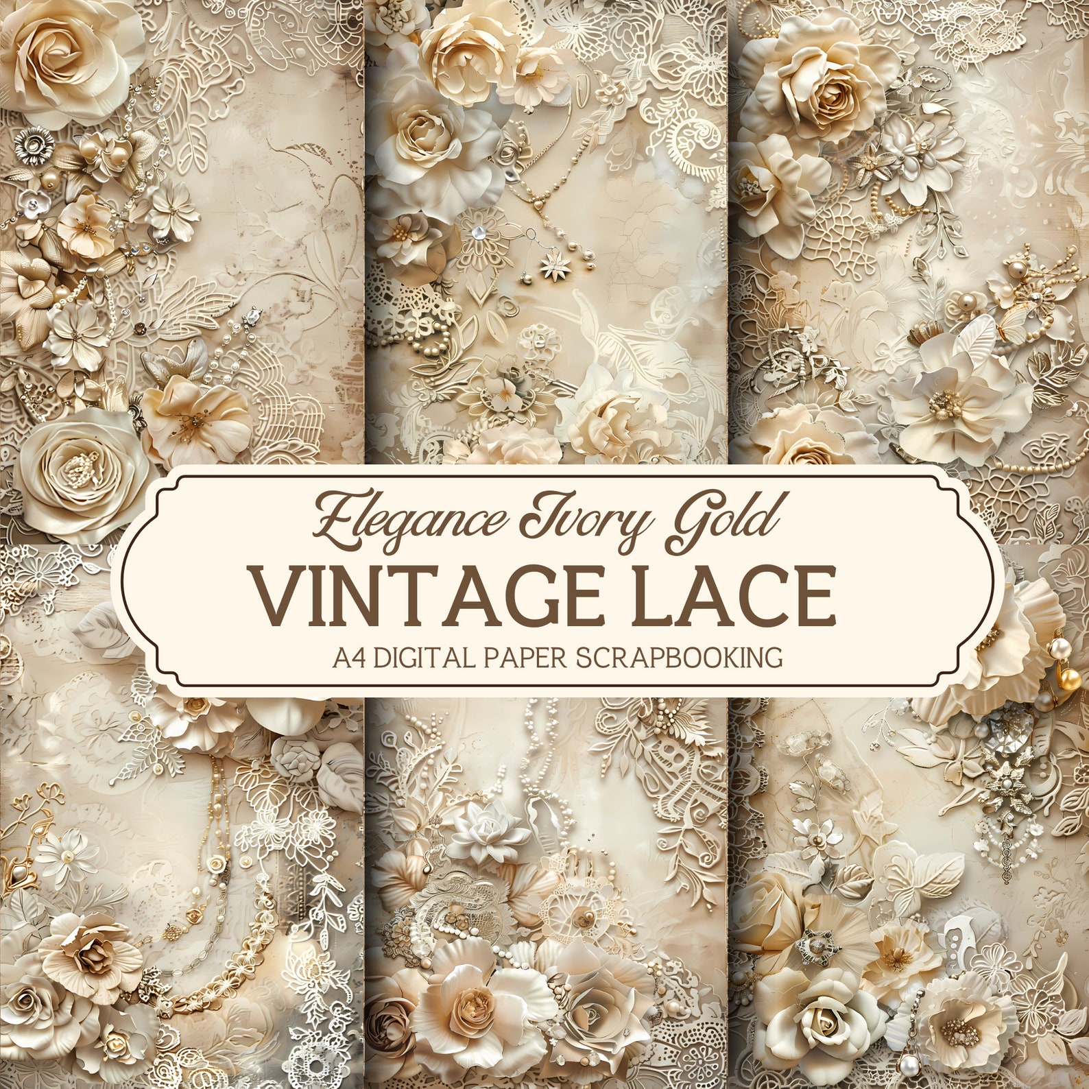A4 Vintage Lace Digital Paper Printable, Elegance Ivory Gold, Lace ...