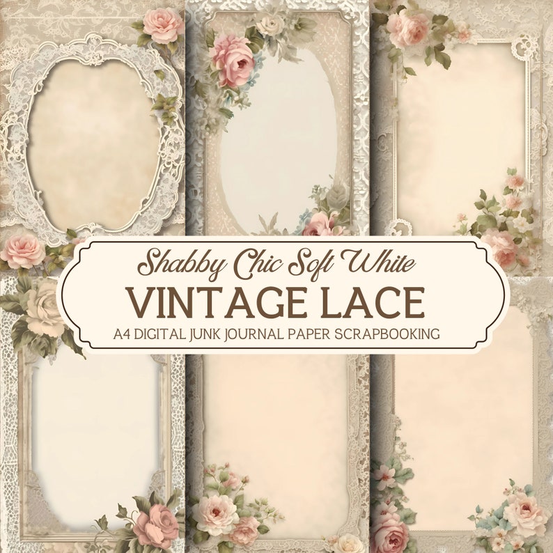 A4 Vintage Lace Frame Digital Paper Printable, Shabby Chic Soft White ...