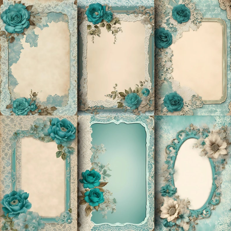 A4 Vintage Lace Frame Digital Paper Printable, Shabby Chic Teal Blue ...
