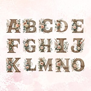 Vintage Floral Alphabet Clipart: Rustic PNG Letters (digital Download ...