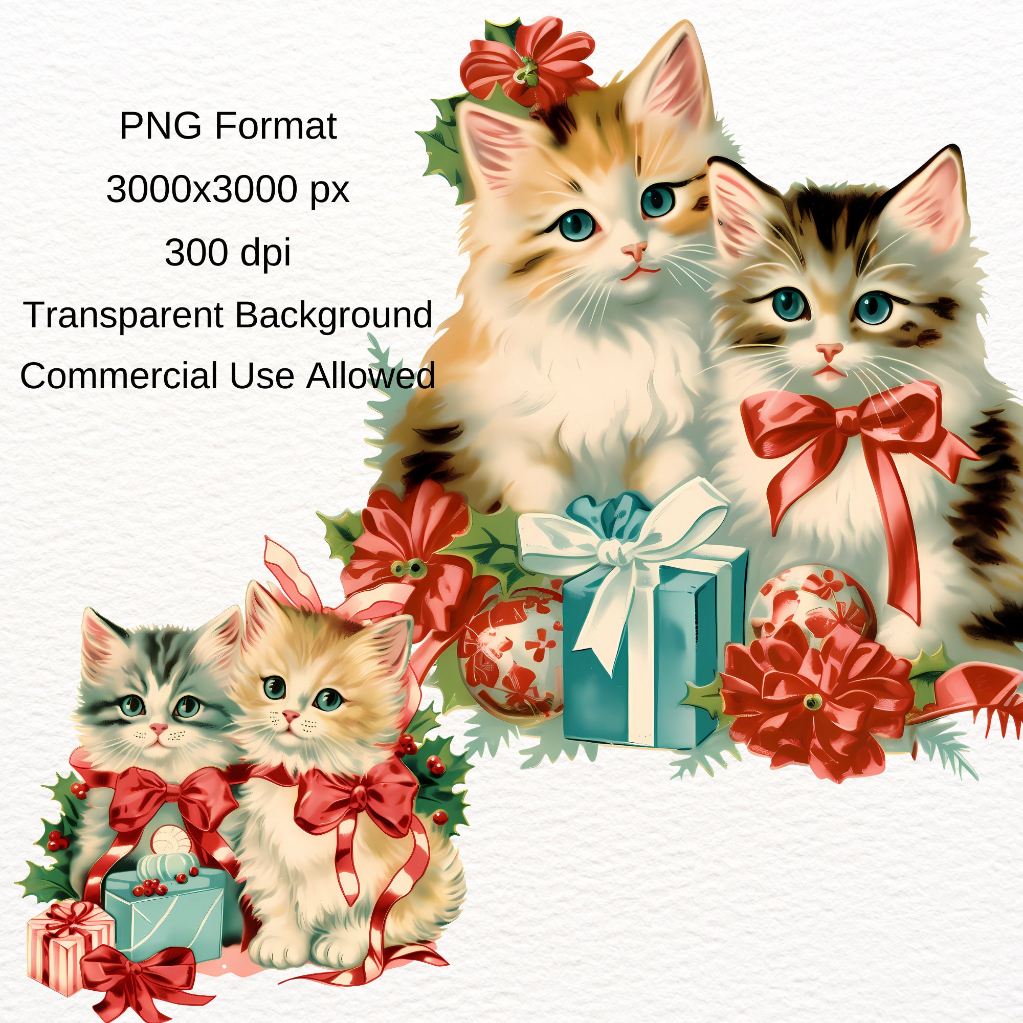 15 Christmas Cat Clipart Retro PNG Bundle Cute Kitten Cats - Etsy