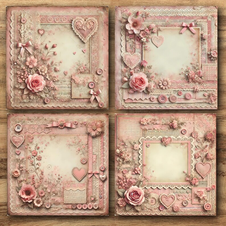 12x12" Vintage Scrapbook Paper, Blush Petal Romance, Digital Lace ...