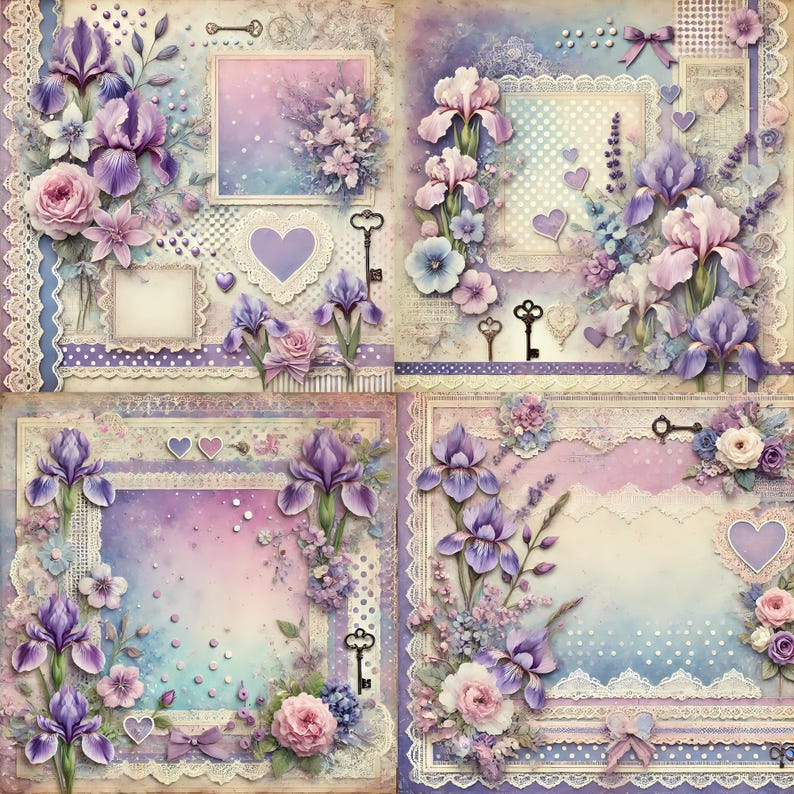 12x12" Vintage Scrapbook Paper, Purple Iris Glow Keepsake, Digital Lace ...