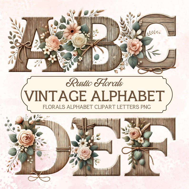 Vintage Floral Alphabet Clipart: Rustic PNG Letters (digital Download ...
