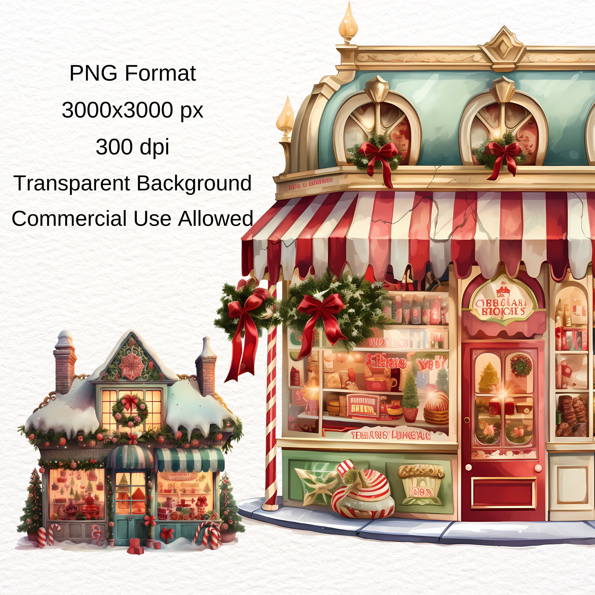 Christmas Storefront Clipart Bundle, 10 PNG, Watercolor Christmas Shop ...