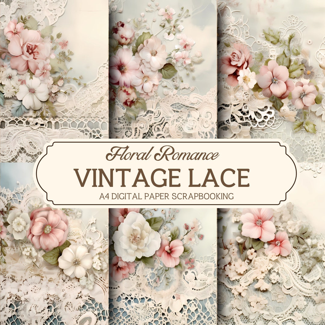 A4 Vintage Lace Digital Paper Printable, Shabby Chic Floral Romance ...